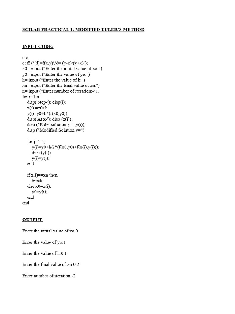 Scilab Practical 1: Modified Euler'S Method | PDF