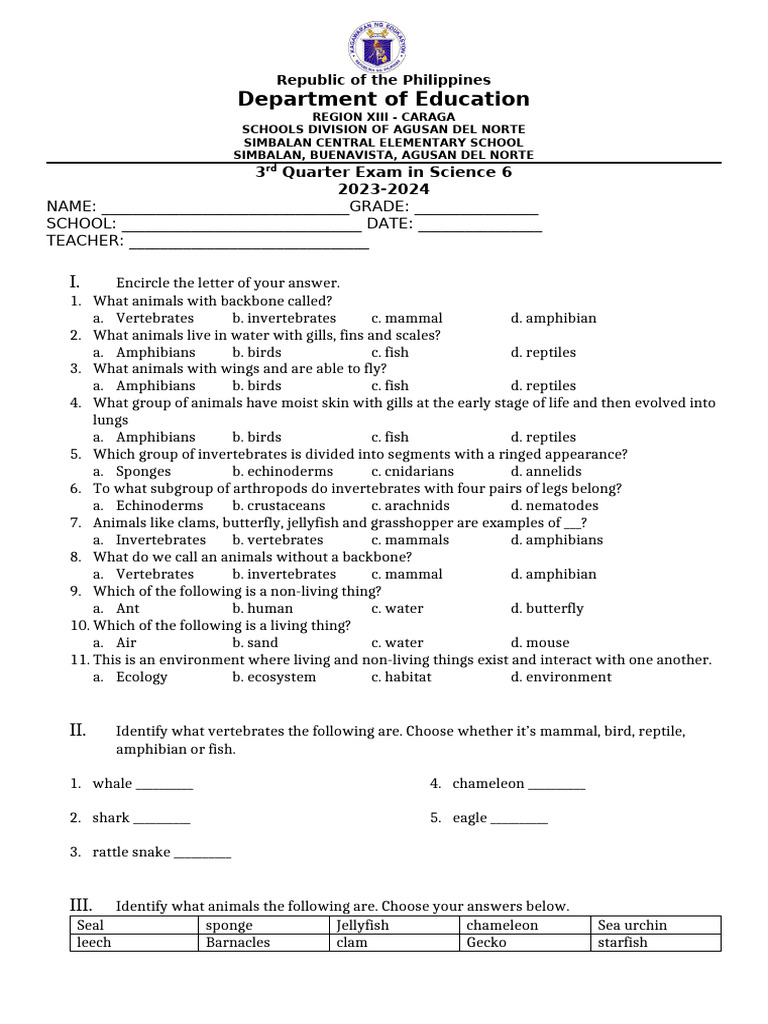 Science Exam - Animals and Ecosystem | PDF