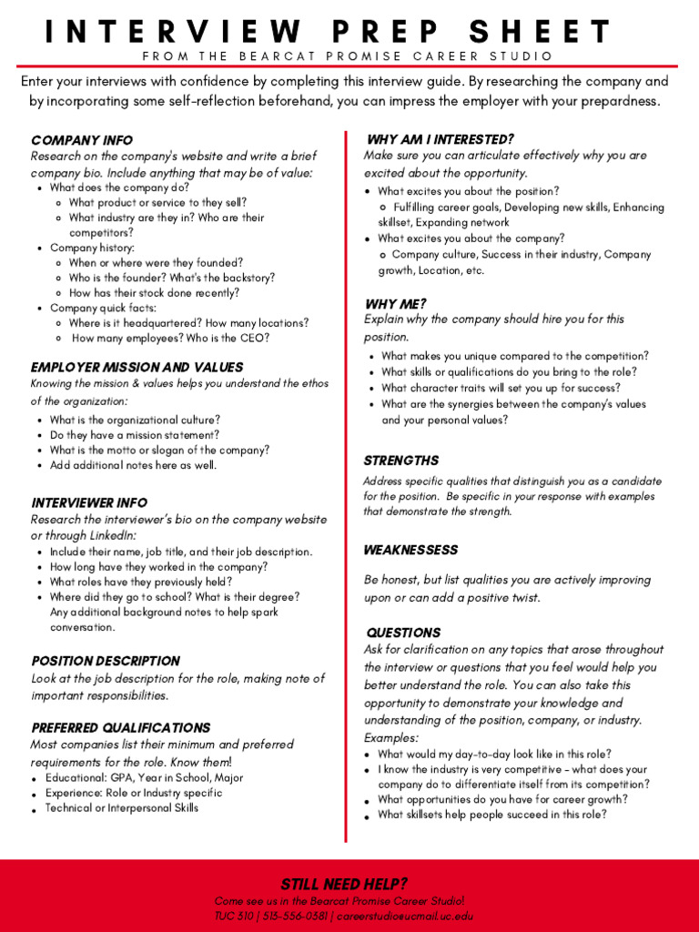Interview Prep Sheet | PDF