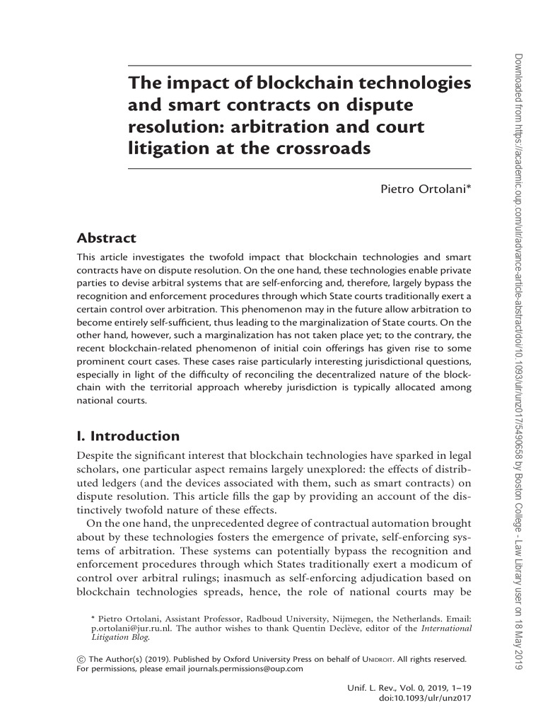 Pietro Ortolani Impact of Blockchain and Smart Contract On Dispute Resolution | PDF