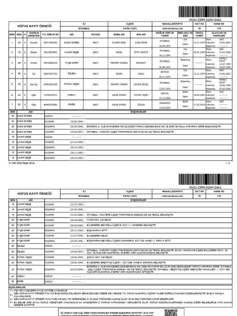 Nufus Kayit Ornegi | PDF