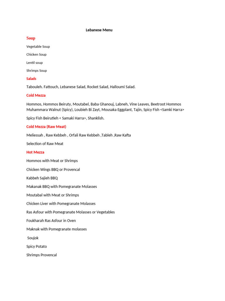 Lebanese Menu Estambul Mall | PDF