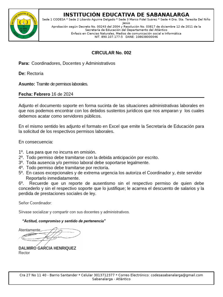 CIRCULAR No. 002 TRAMITE DE PERMISOS LABORALES | PDF