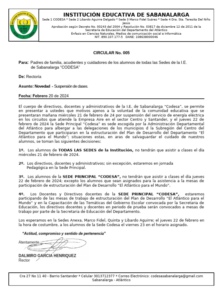 CIRCULAR No. 005 SUSPENSION DE CLASES POR NOVEDADES | PDF