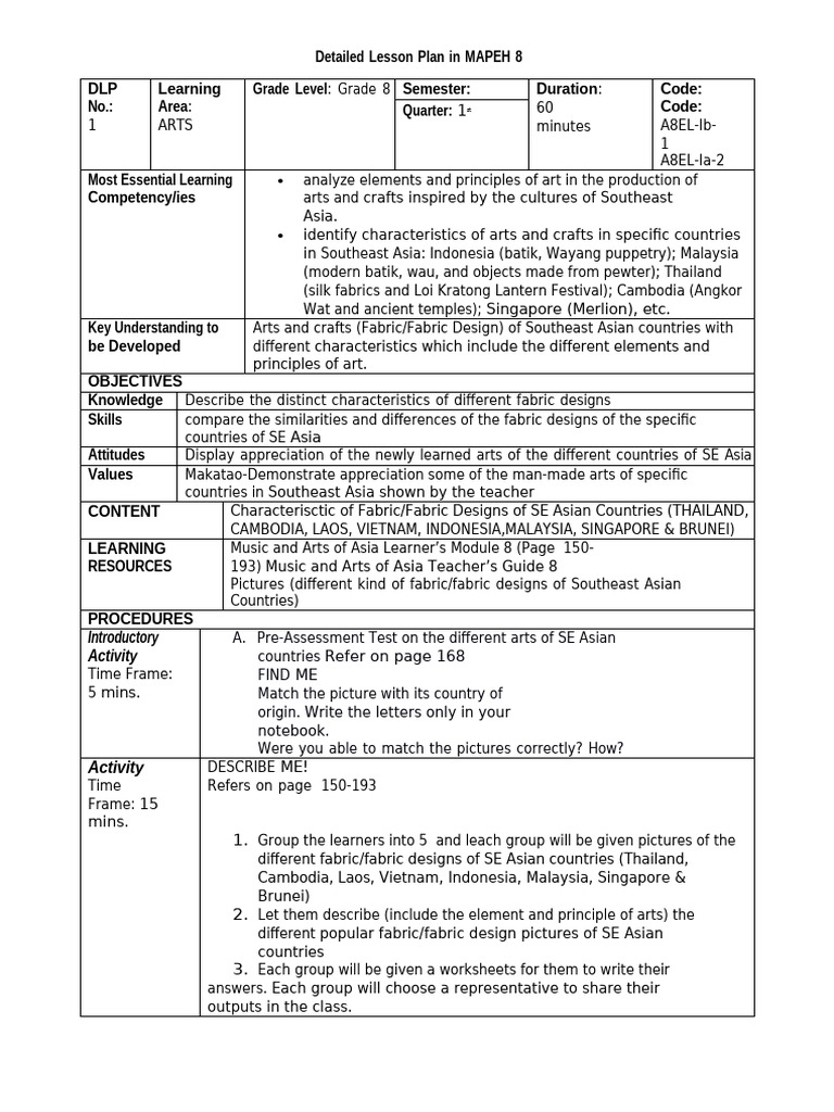 Detailed Lesson Plan in MAPEH 8 Arts q1 | PDF