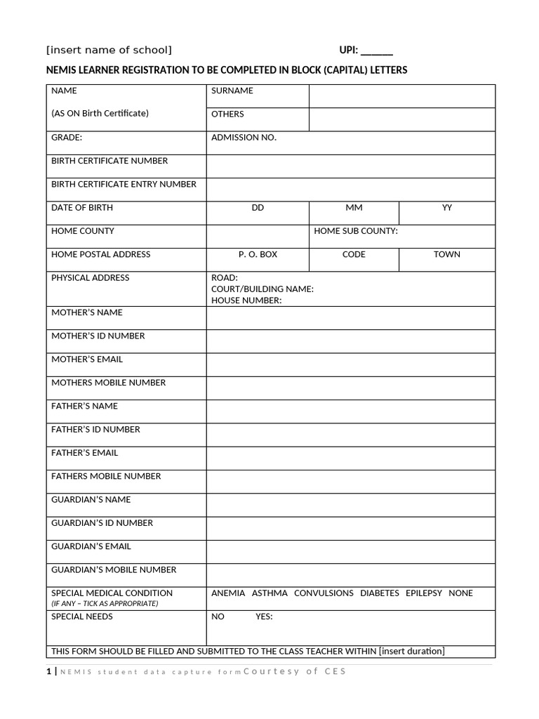 NEMIS Student Data Capture Form | PDF