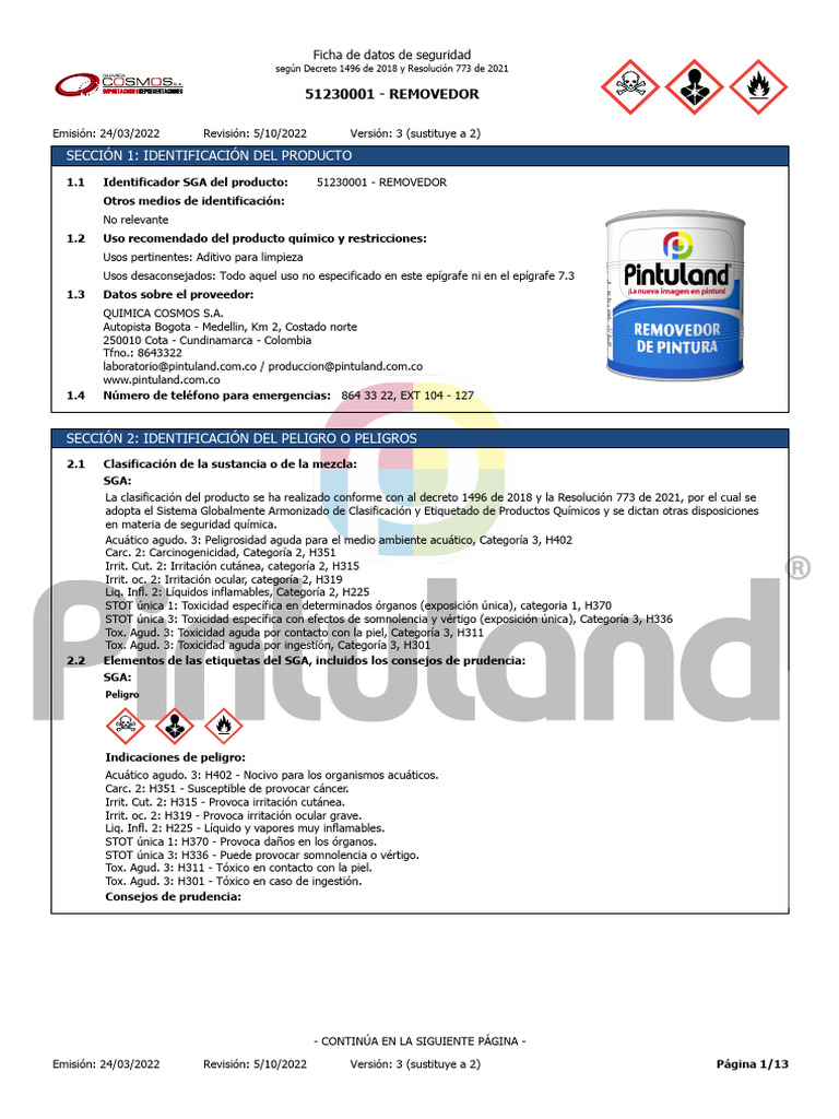 Hoja de Seguridad Removedor | PDF