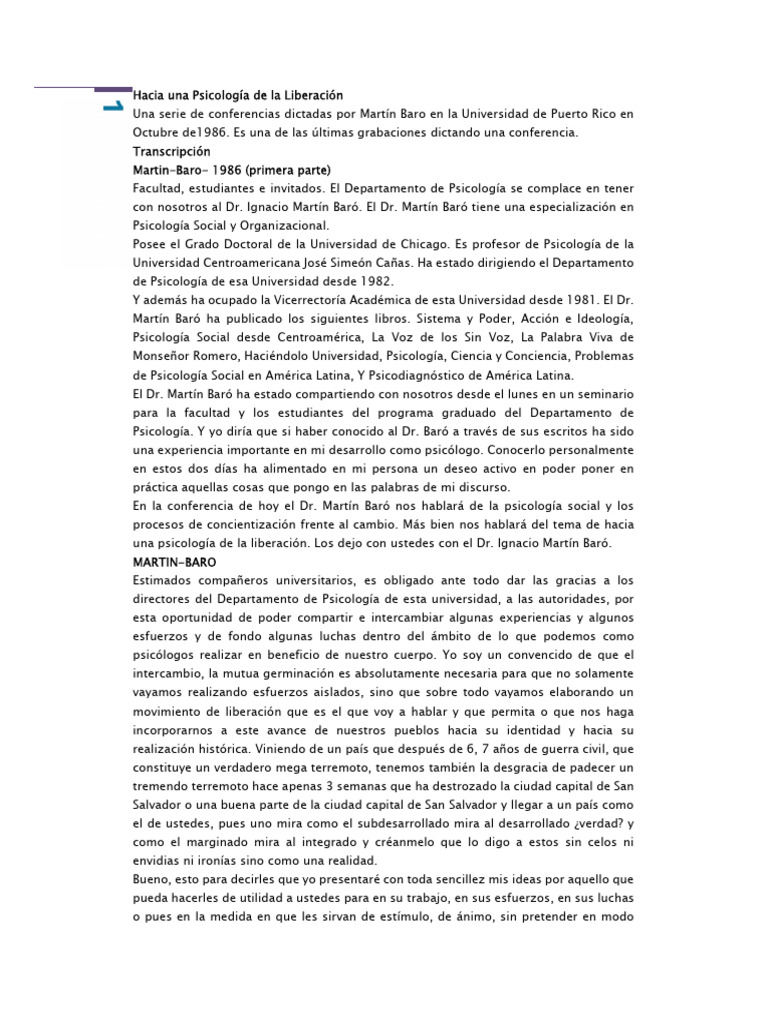 TranscripciÃ N Martin-Baro | PDF | Sicología | Verdad
