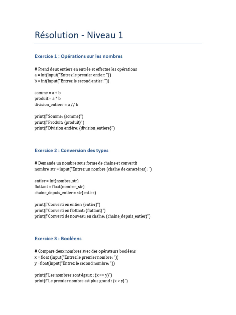 PropositionSolution Niveau 1 Exercices | PDF