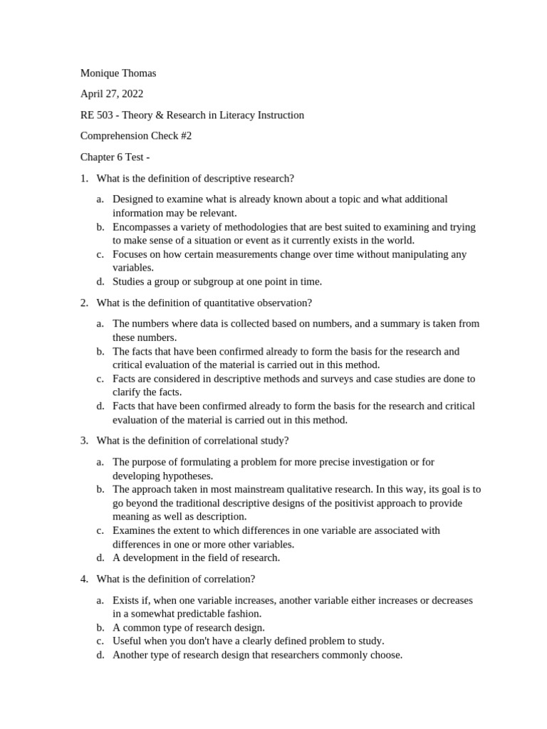 Comprehension Check - Monique Thomas | PDF