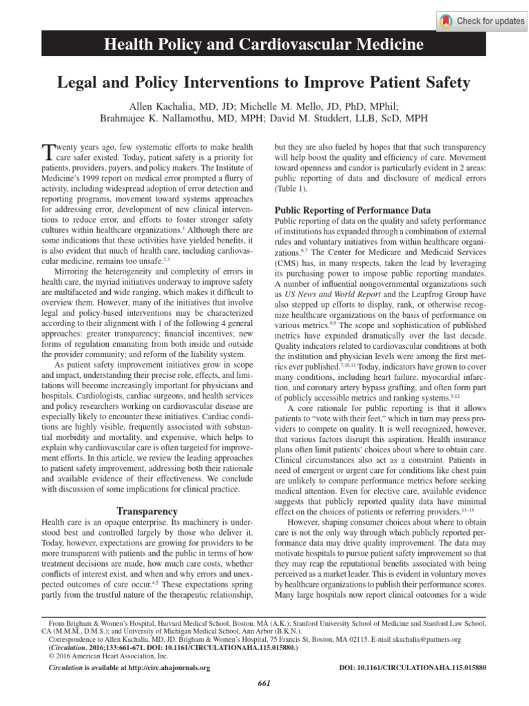 Kachalia Et Al 2016 Legal and Policy Interventions To Improve Patient ...