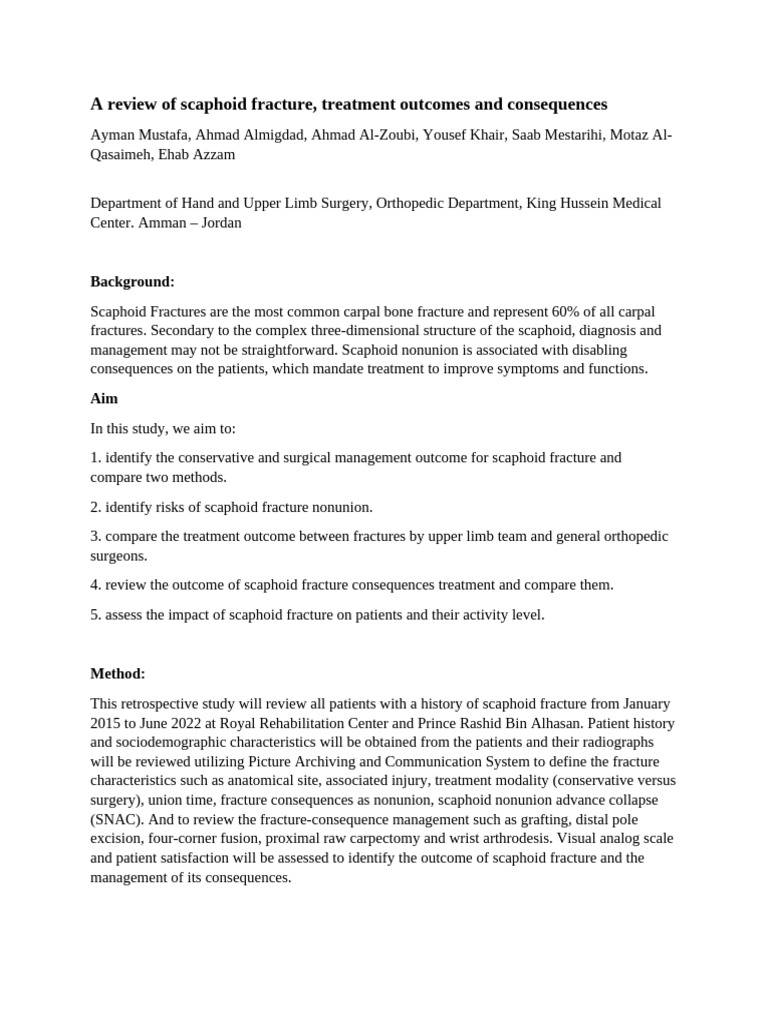 A Review of Scaphoid Fracture Treatment Outcomes and Consequences | PDF