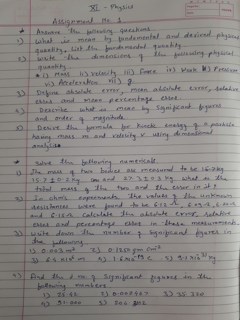 XI Physics assignment 1 | PDF