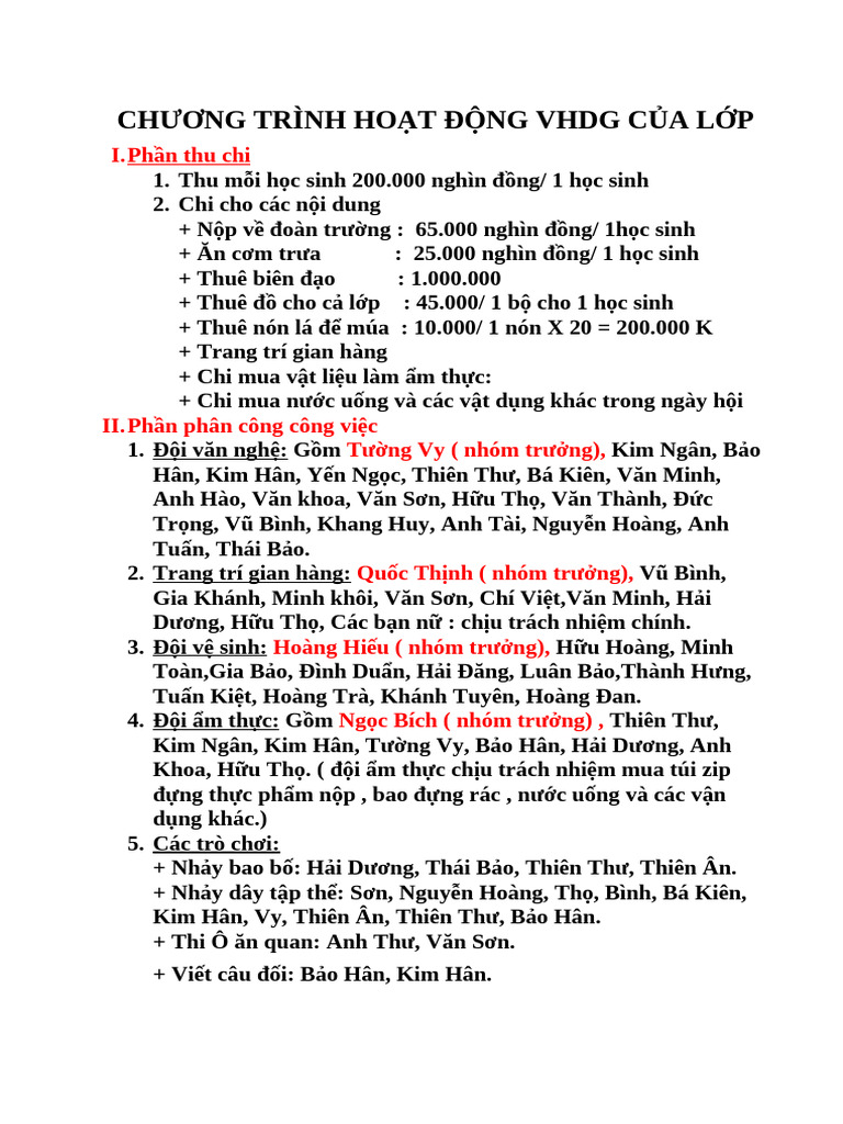 Chương Trình Ho T Đ NG VHDG C A L P | PDF