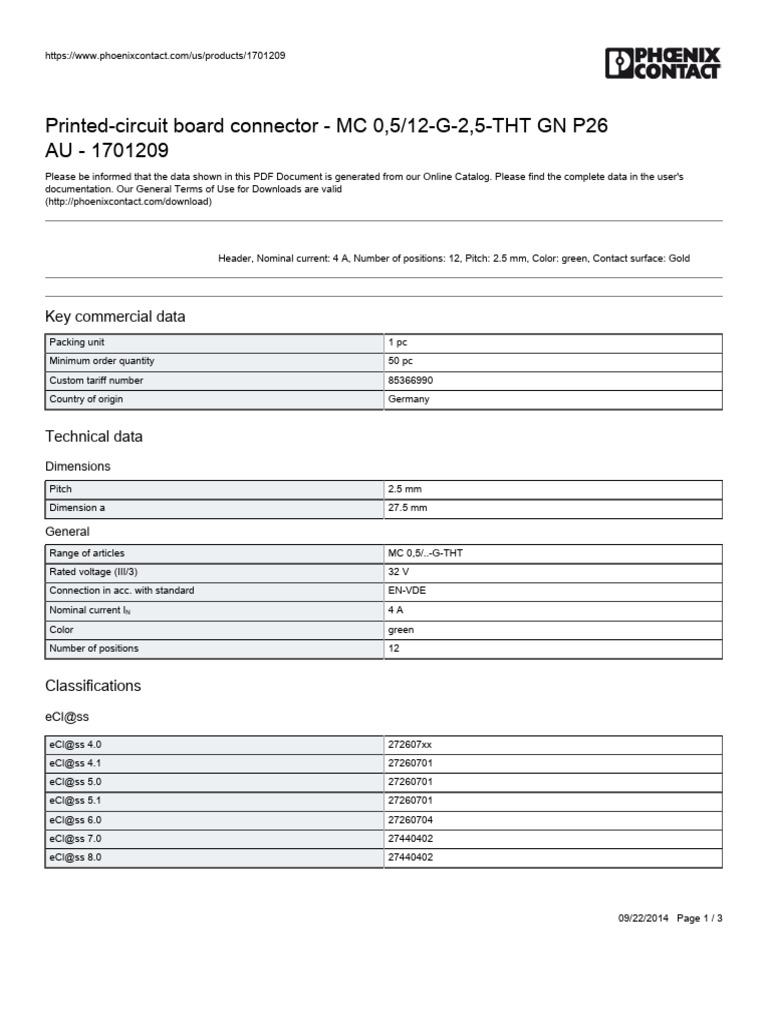 Printed-Circuit Board Connector - MC 0,5/12-G-2,5-THT GN P26 AU ...