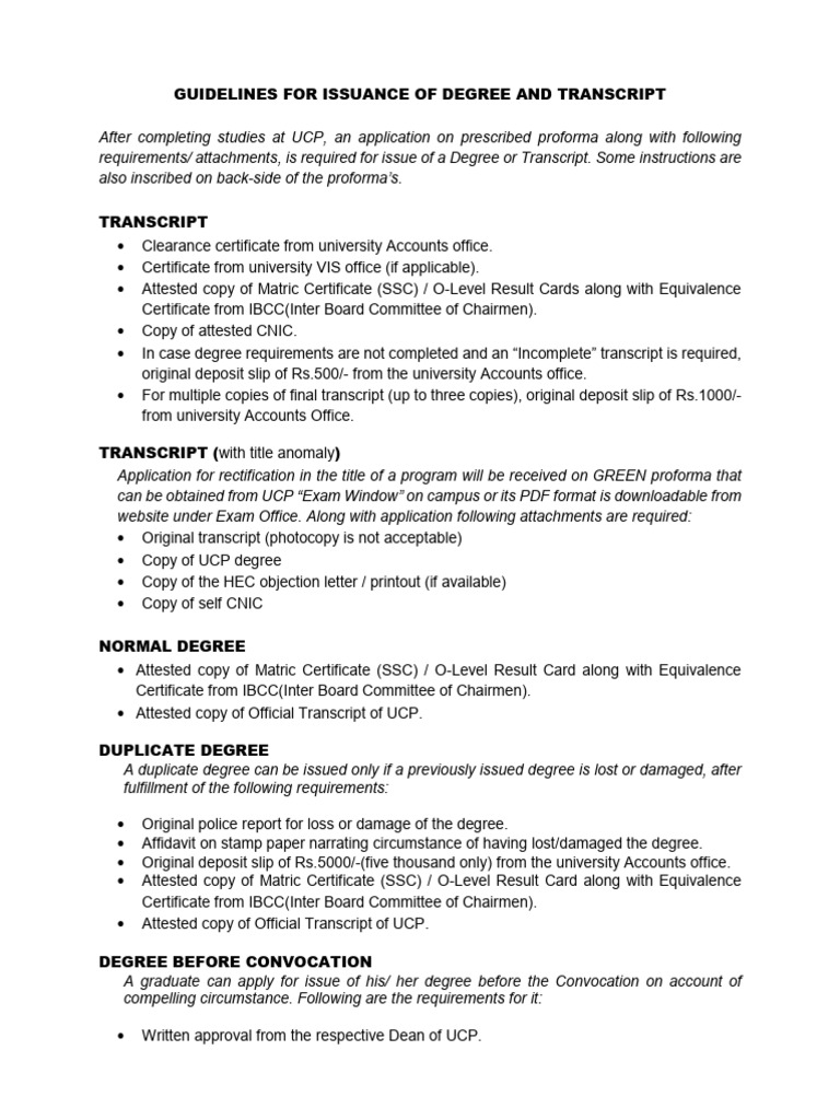 Guideline For Issuance of Degree and Transcript | PDF