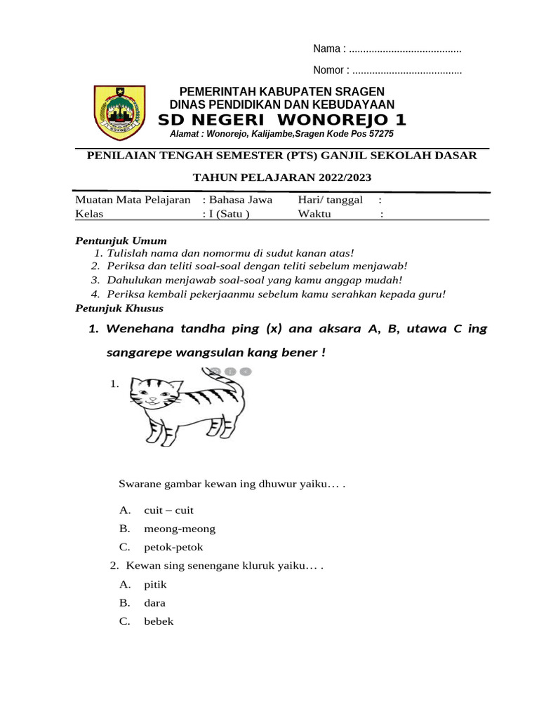 Soal PTS Bahasa Jawa Kelas 1 SMT 1 2022 | PDF Soal PTS Bahasa Jawa Kelas 1 SMT 1 2022 | PDF