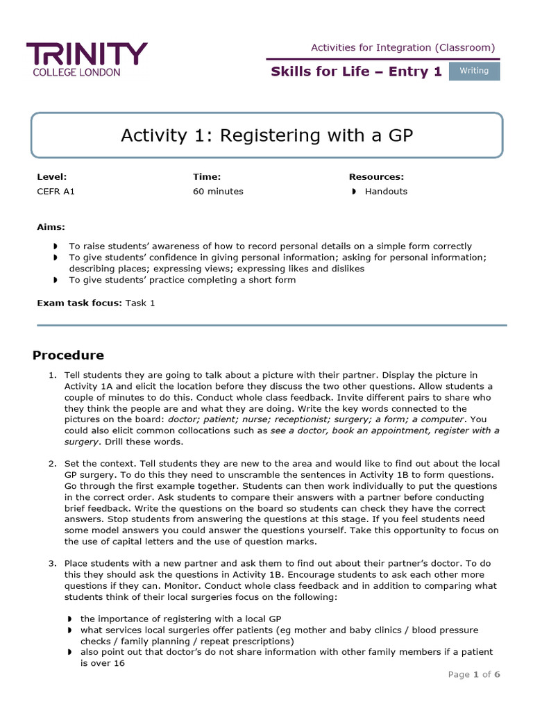 Entry 1 Writing - Activity 1 Registering With A GP | PDF