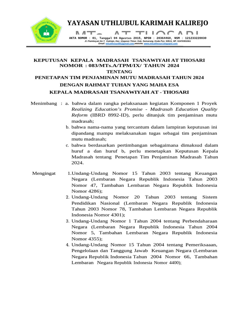Contoh SK Tim Penjamin Mutu Madrasah | PDF