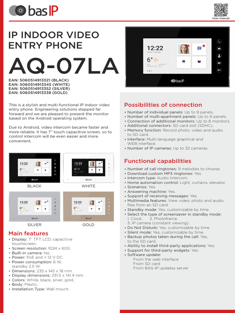 AQ-07LA: Ip Indoor Video Entry Phone | PDF