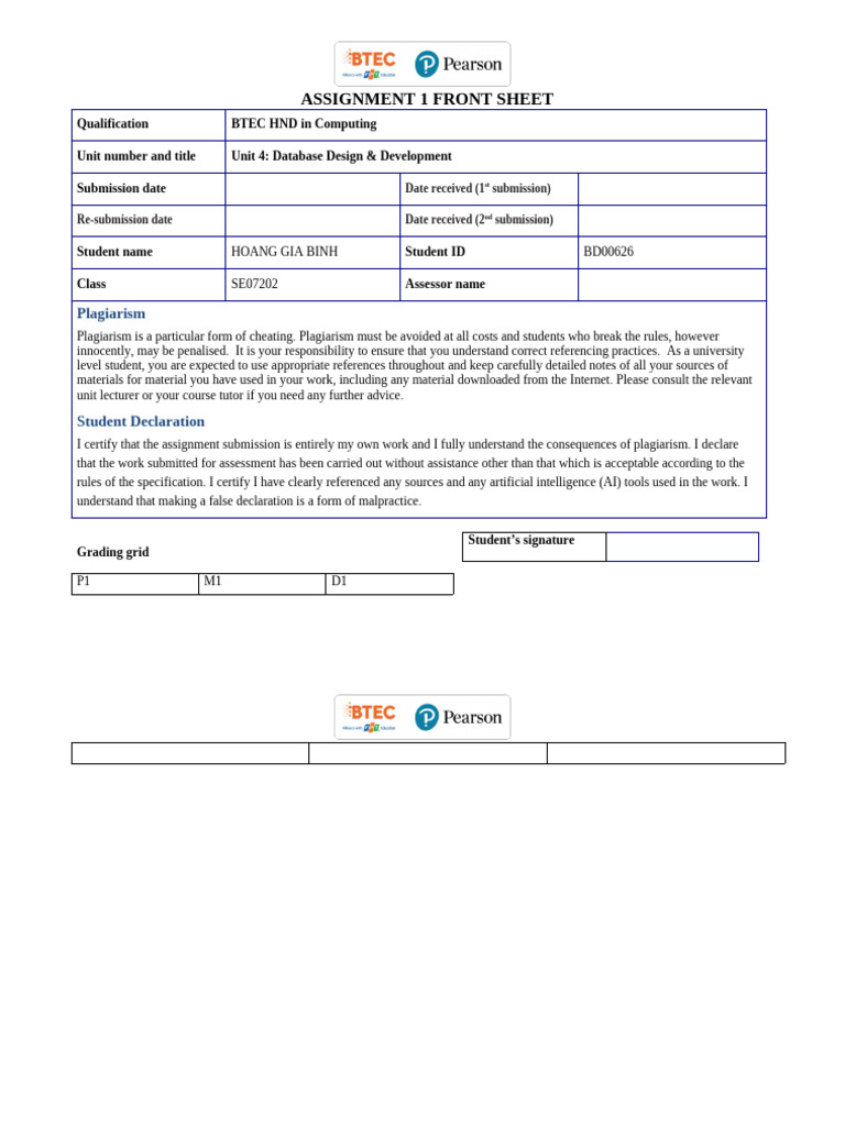 Unit 04 - Assignment 1 Frontsheet | PDF
