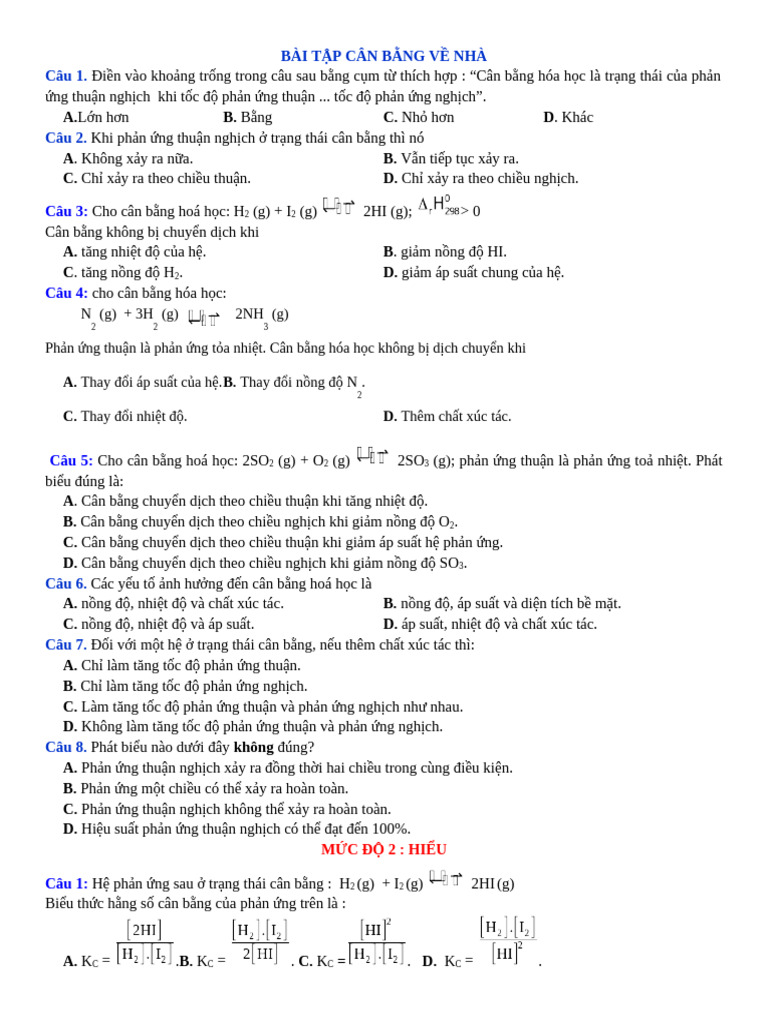 BÀI TẬP CÂN BẰNG VỀ NHÀ. 11A2 | PDF