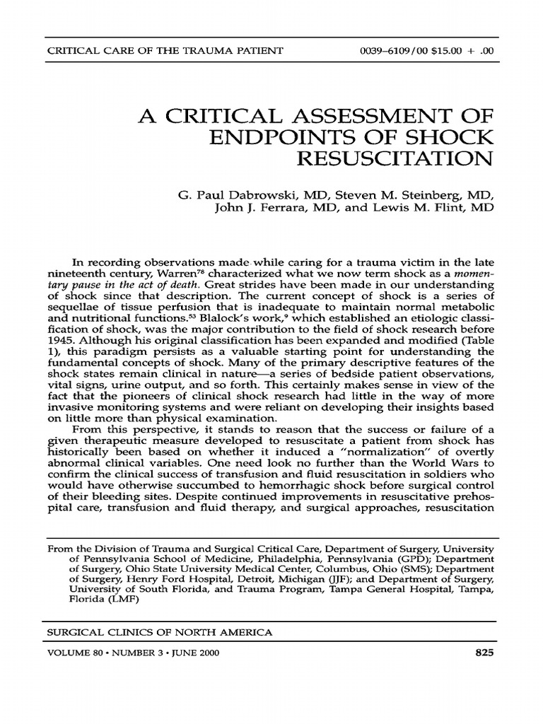 A Critical Assessment of Endpoints of Shock Resuscitation | PDF