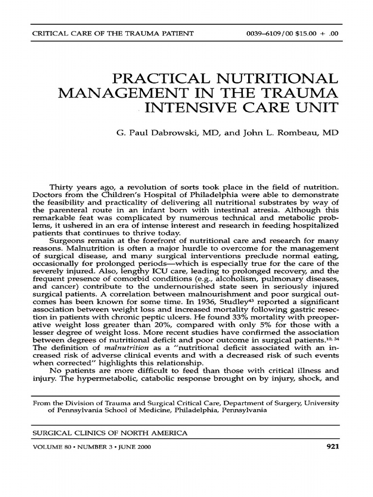 Practical Nutritional Management in The Trauma Intensive Care Unit | PDF