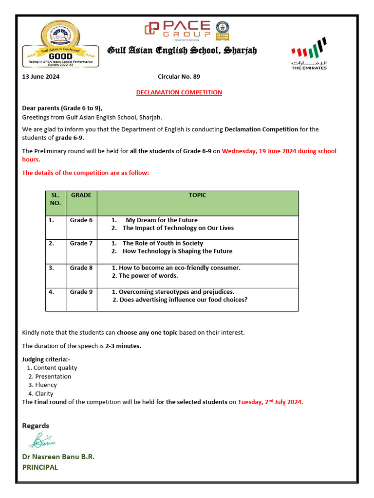 DECLAMATION COMPETITION - Parents Circular No. 89 | PDF