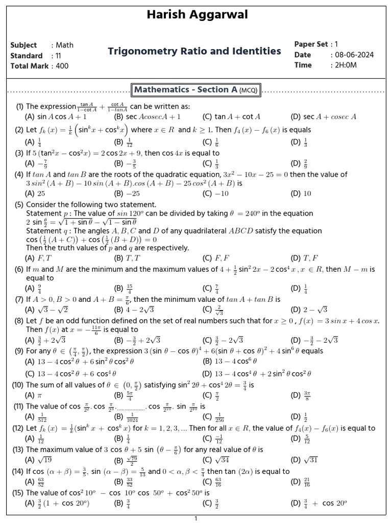 Trigonometry Ratio and Identities 1717864982 | PDF