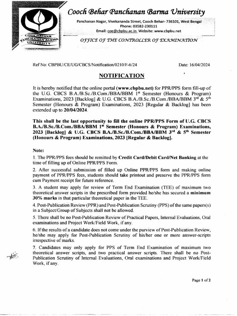 Notification Regarding Extended Online PPRPPS Form Fill-up for U.G. CBCS B.a.B.sc.B.com.BBABBM ...