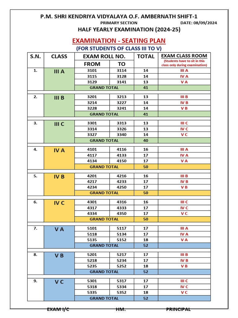 EXAM SEATING PLAN (HY) Class 3 To 5 - Notice For Students | PDF