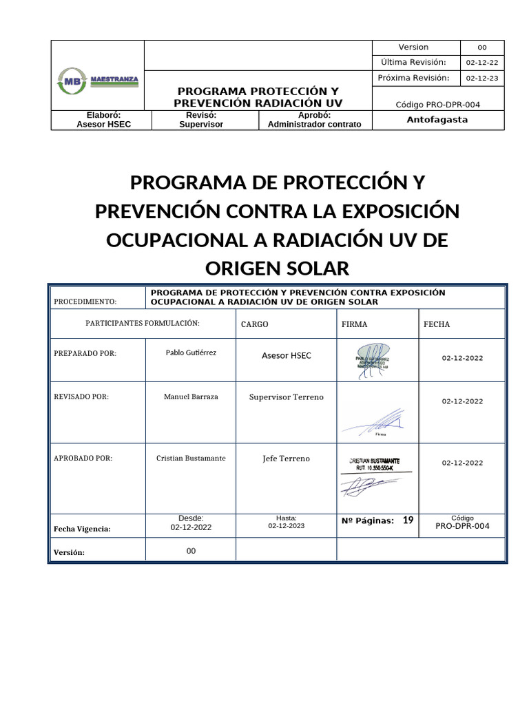 PRO-DPR-004 Programa Radiacion UV Maestranza MB | PDF