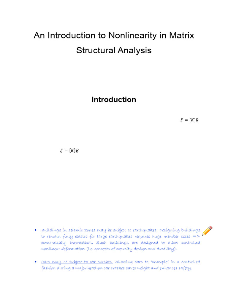 CIVIL719 Notes - Intro To Nonlinearity in Matrix Structural Analysis | PDF