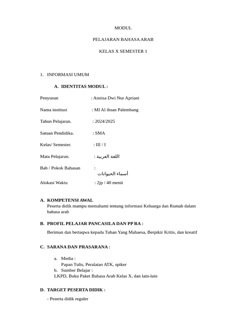 Modul Ajar Nama Nama Hewan Kelas 3 Mi | PDF