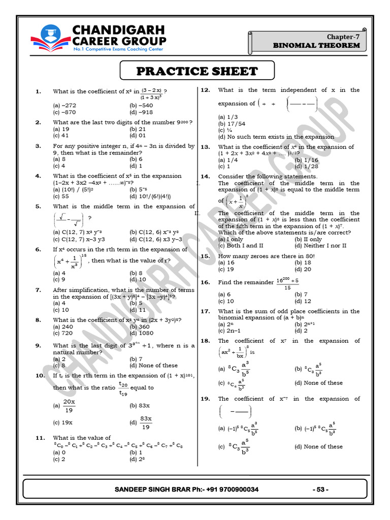 Ch 7 Binomial Theorem Pdf 8570