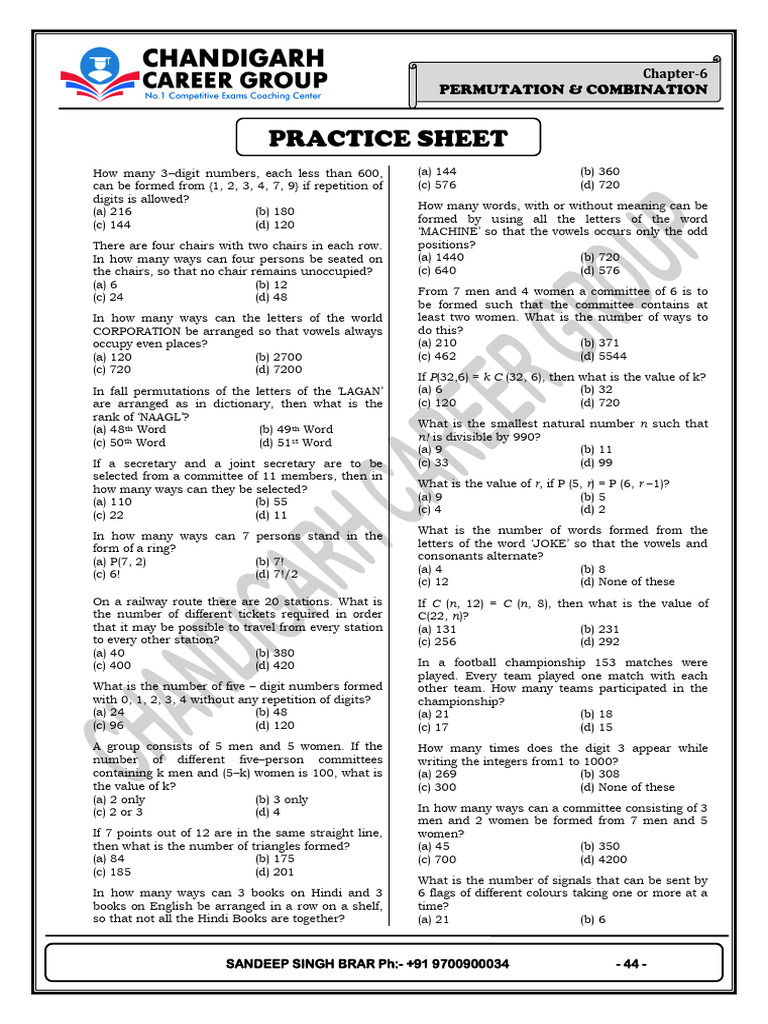 Permutation and Combination Practice Sheet | PDF | Consonant | Permutation