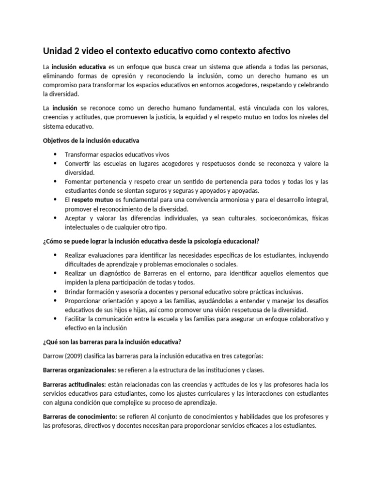 Unidad 2 Video El Contexto Educativo Como Contexto Afectivo | PDF