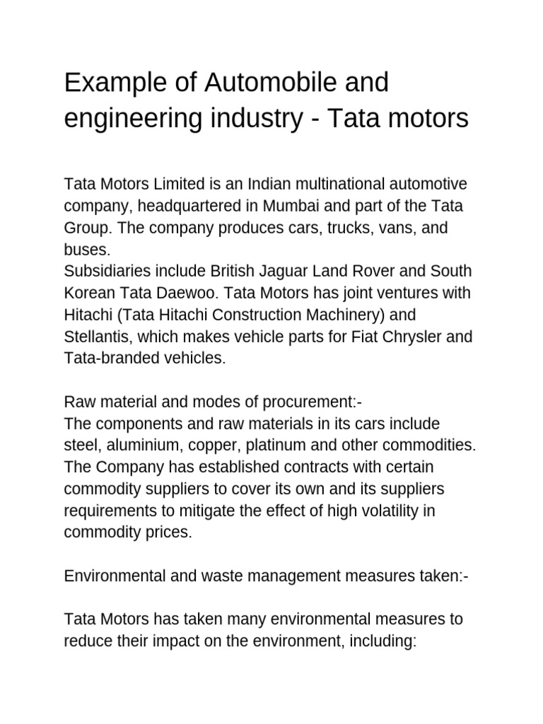 Example of Automobile and Engineering Industry - Tata Motors | PDF