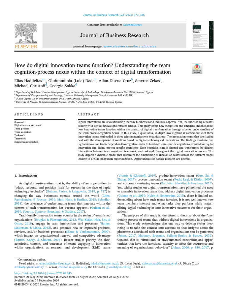 How Do Digital Innovation Teams Function - Understanding The Team Cognition-Process Nexus Within ...