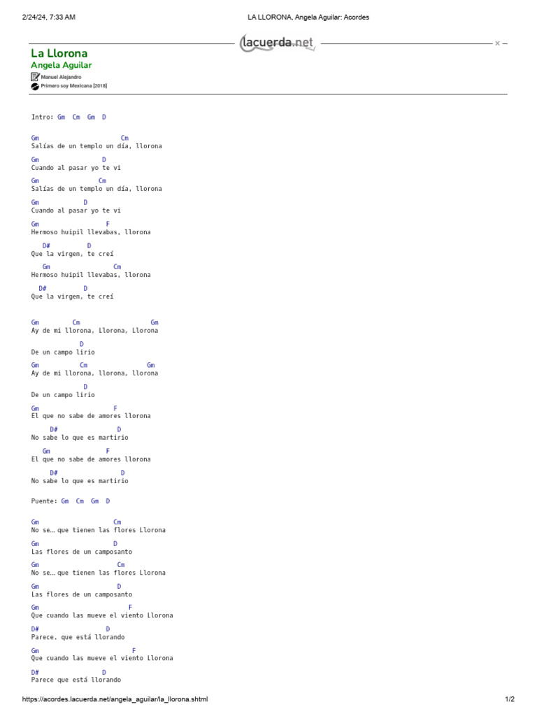 LA LLORONA, Angela Aguilar - Acordes | PDF