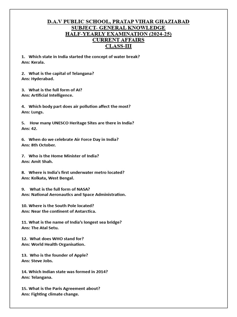 Class 3 Current Affairs For G.K. (24-25) | PDF Class 3 Current Affairs For G.K. (24-25) | PDF