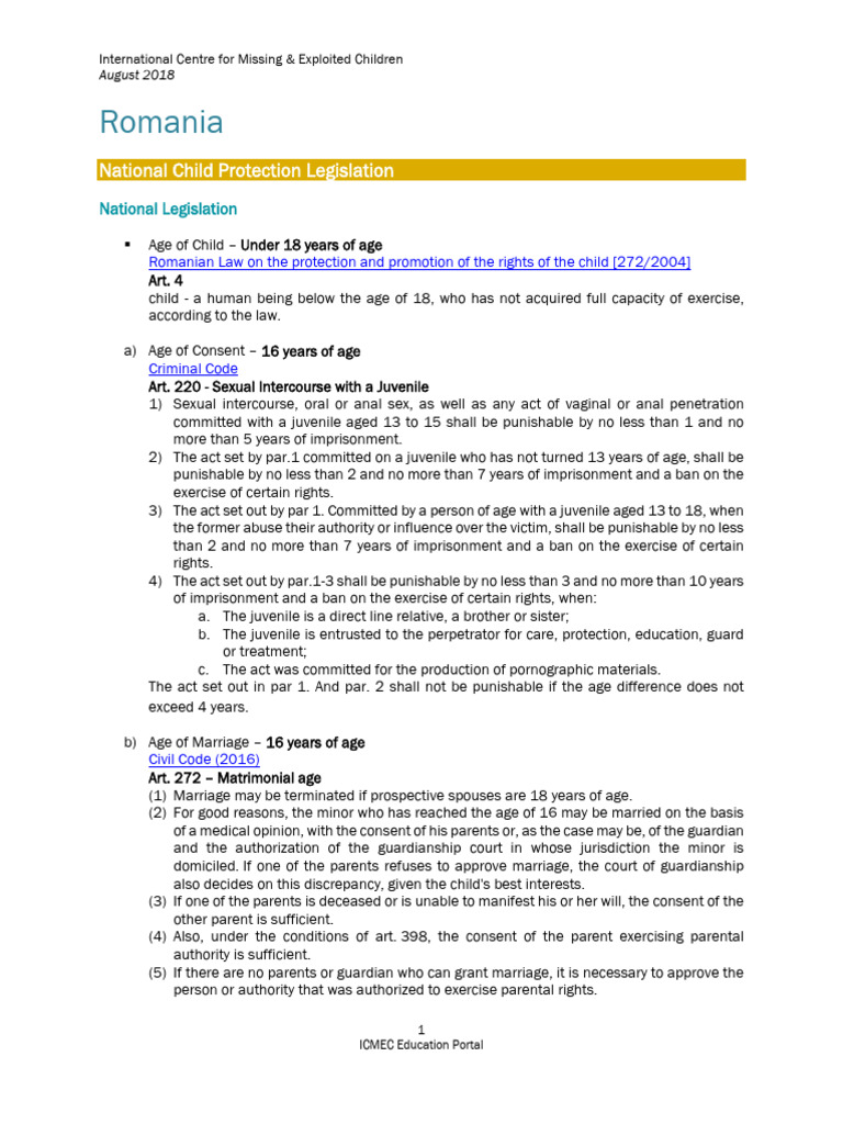 ICMEC Romania National Legislation | PDF | Child Abuse | Social Science
