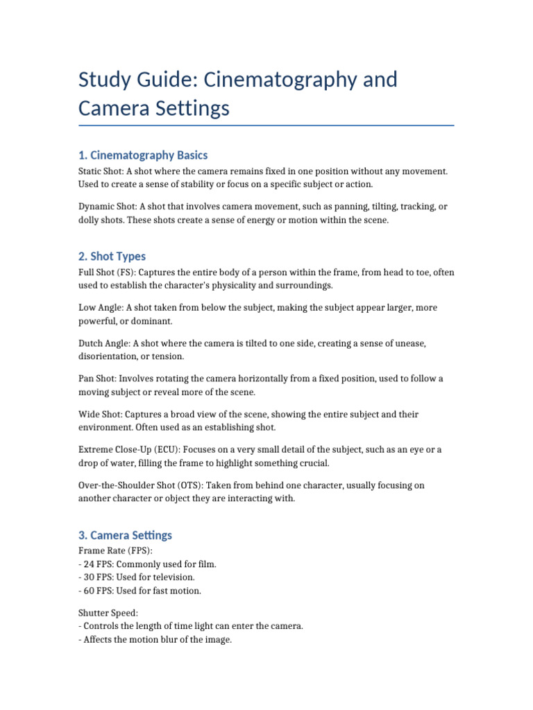 Cinematography and Camera Settings Study Guide | PDF