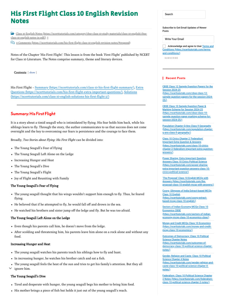His First Flight Class 10 English Revision Notes | PDF