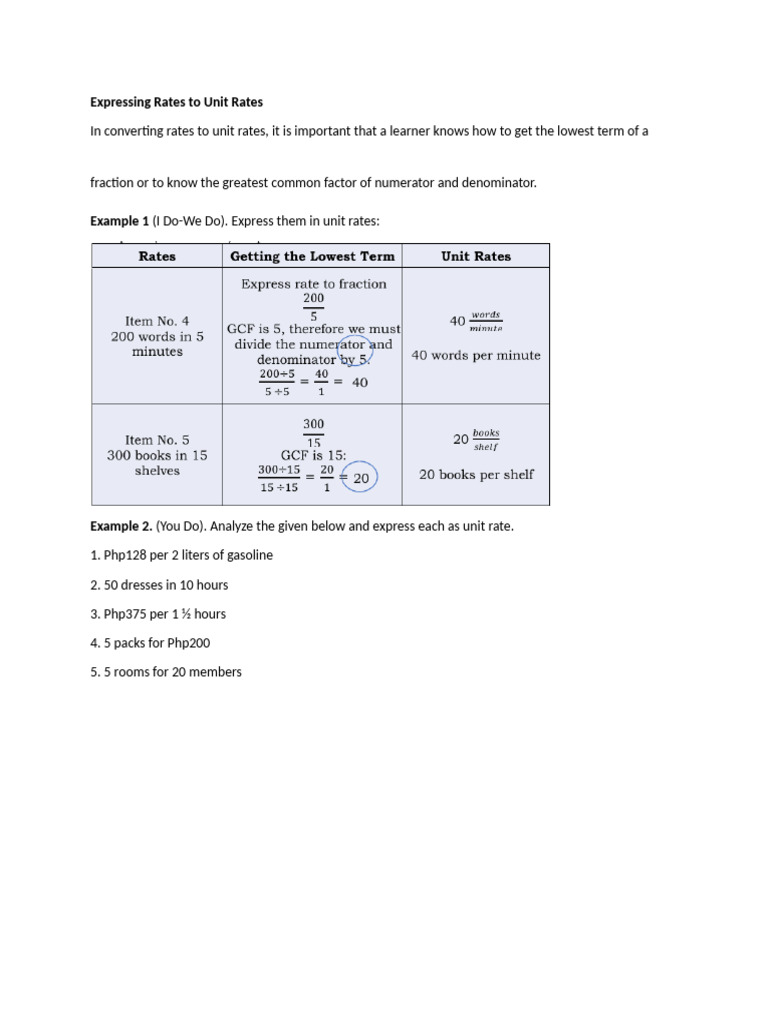 Expressing Rates To Unit Rates | PDF