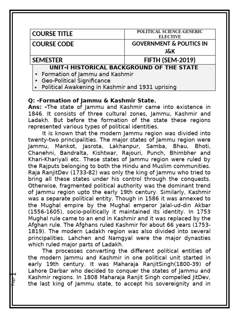 5TH Politicalscience Generic - Elective | PDF | Partition Of India | Kashmir