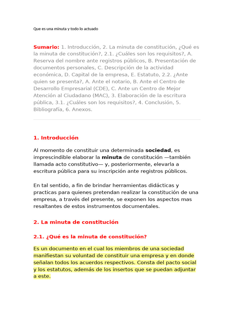 Que Es Una Minuta y Todo Lo Actuado | PDF | Negocios | Finanzas y dinero
