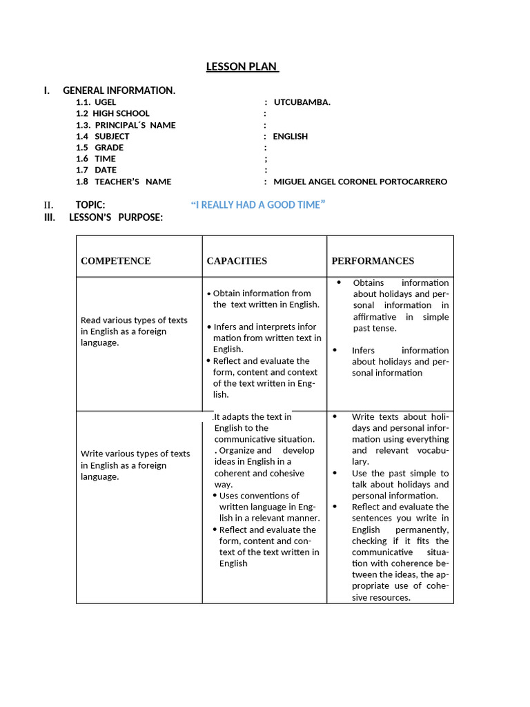 Lesson Plan Past Simple 4 | PDF | Cognition | Learning