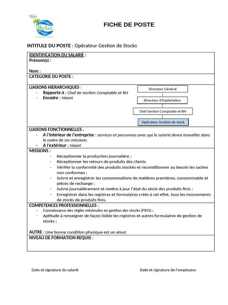 Fiche de Poste Opérateur Gestion de Stocks | PDF